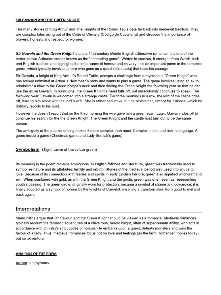 Sir Gawain: Chivalry and Symbolism | PDF | Green Knight | Gawain