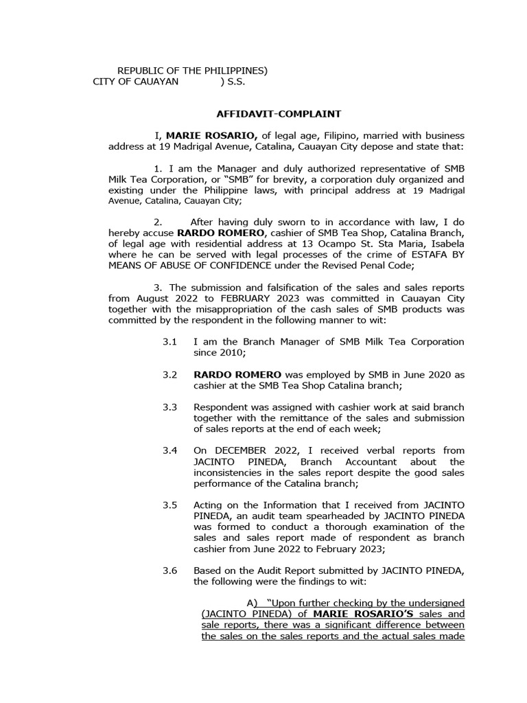 Complaint-Affidavit-for-Estafa Case | PDF | Misconduct | Crimes