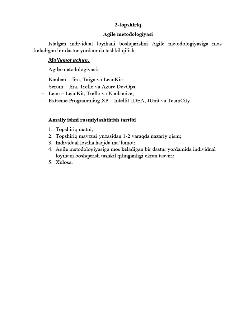 Ma Lumot Uchun 2 Topshiriq Agile Metodologiyasi PDF
