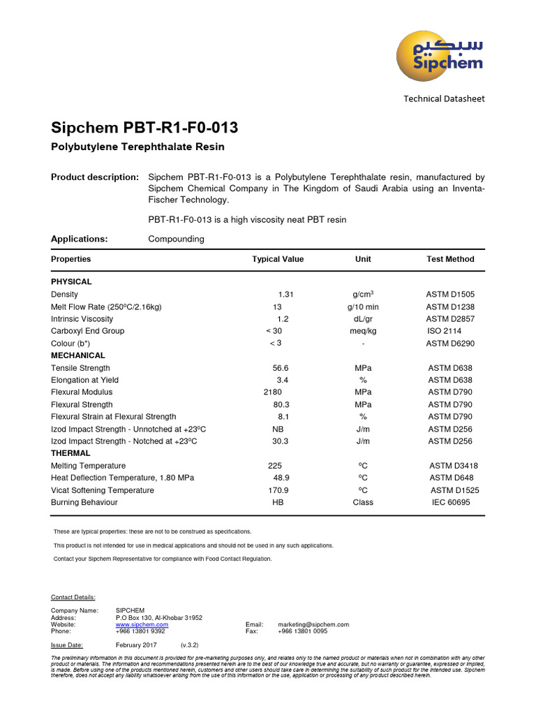 Sipchem PBT-R1-F0-013: Polybutylene Terephthalate Resin | Download Free ...