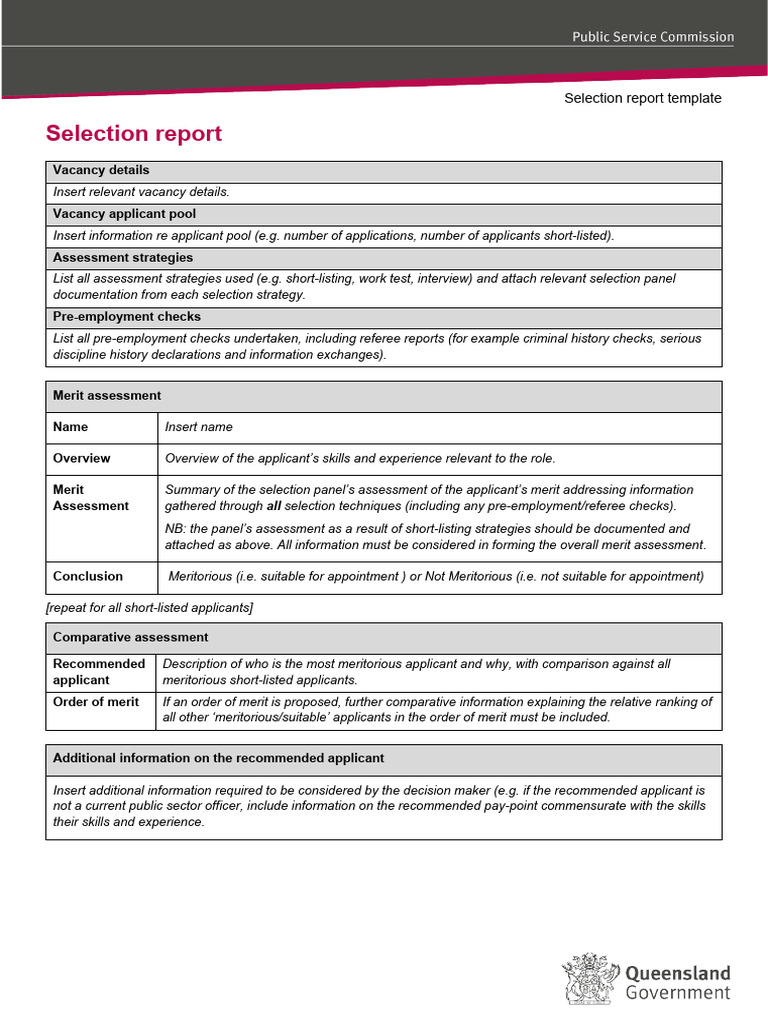 Selection Report Template | PDF