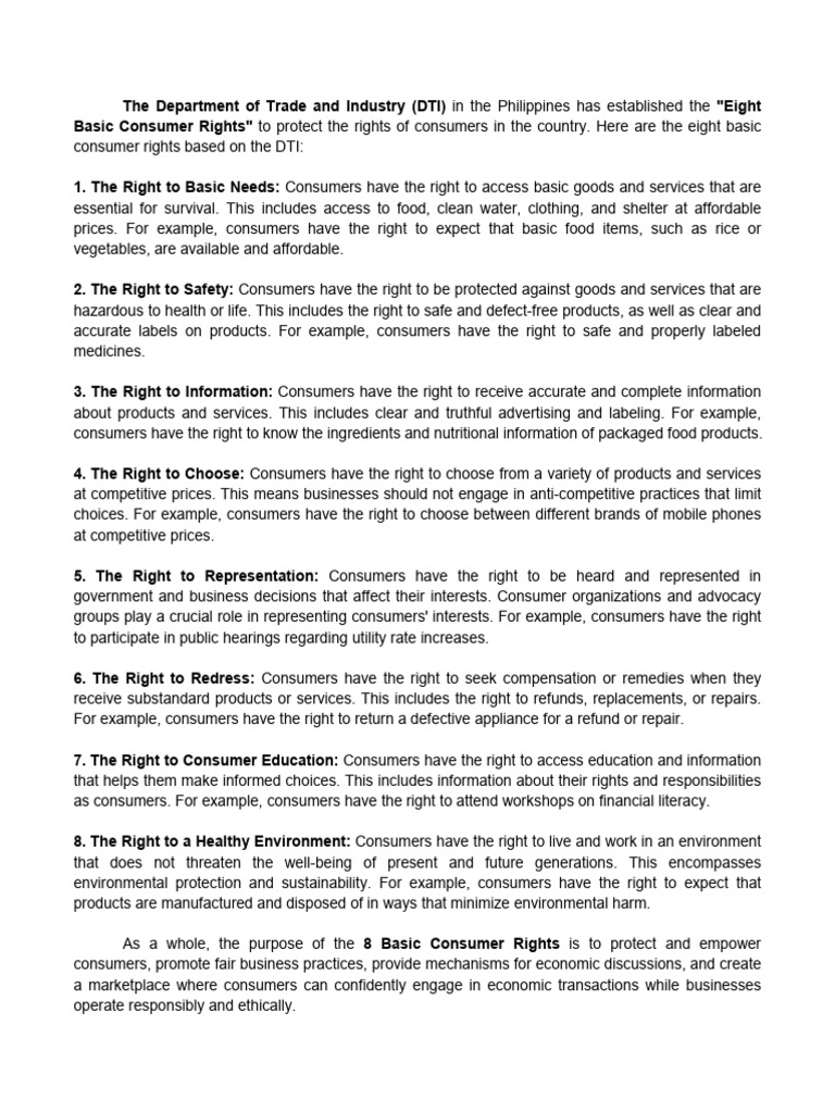 Eight Basic Consumer Rights | PDF | Consumer Protection | Business Ethics