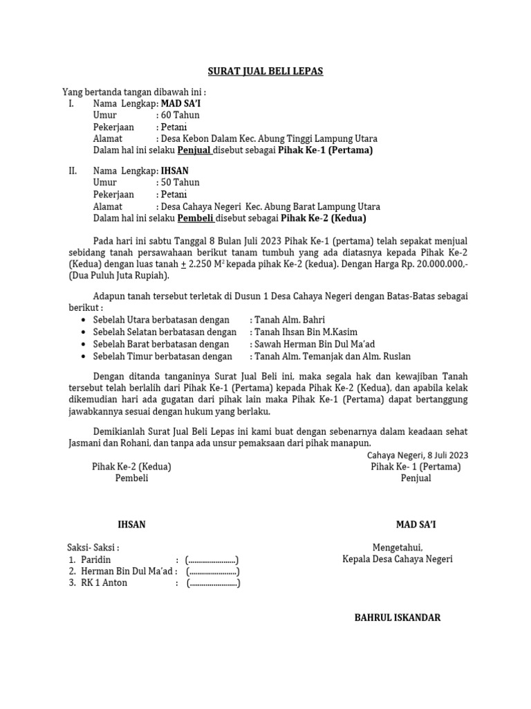 SURAT JUAL BELI LEPAS (Sawah) | PDF