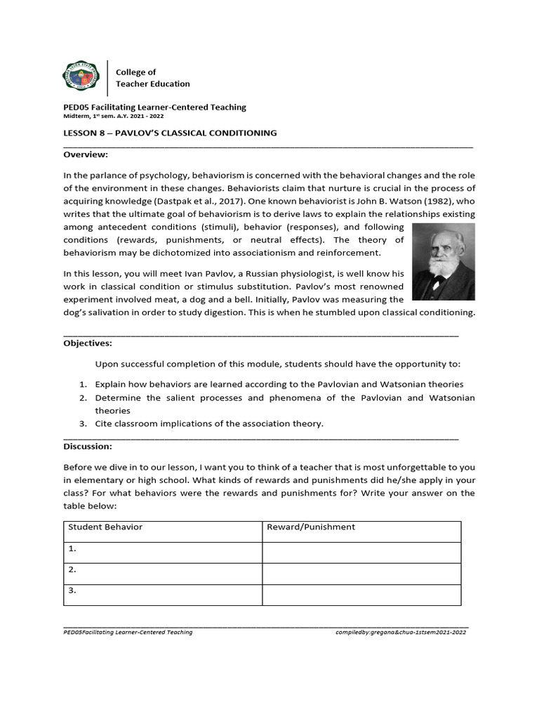 PED05 - Lesson 8 - PAVLOV'S CLASSICAL CONDITIONING | PDF | Classical Conditioning | Behaviorism