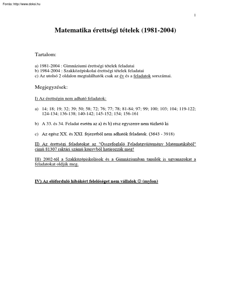 Matematika Erettsegi Tetelek 19812004 | PDF