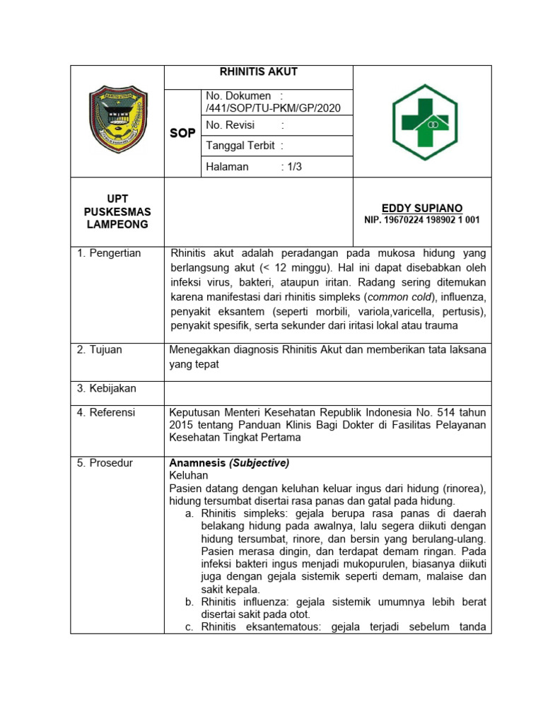 SOP Rhinitis Akut | PDF | Sains & Matematika