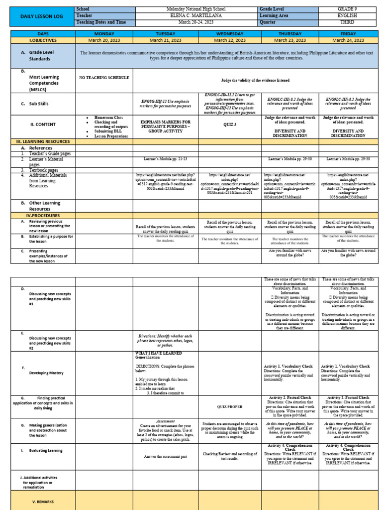 EMARTILLANA Weekly DLL Mar 20 24 2023 | PDF | Learning | Differentiated ...