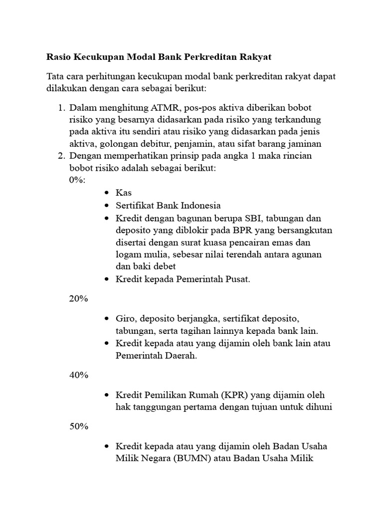 Rasio Kecukupan Modal Bank Perkreditan Rakyat | PDF