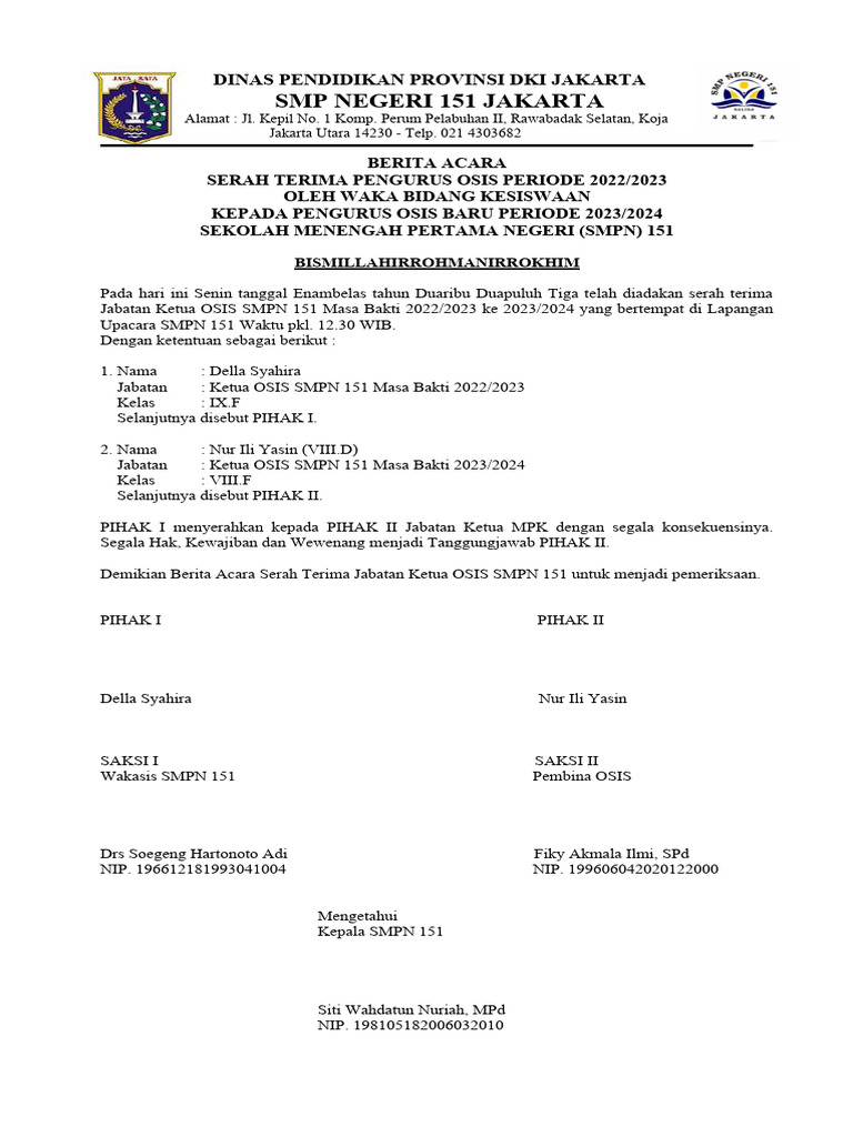 Berita Acara Serah Terima Pengurus Osis 2022-2023 Ke 2023-2024 | PDF