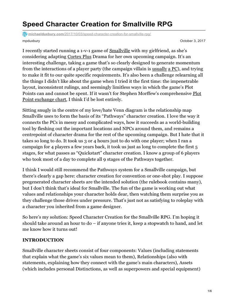 Speed Character Creation For SmallvilleRPG | PDF | Role Playing | Gaming