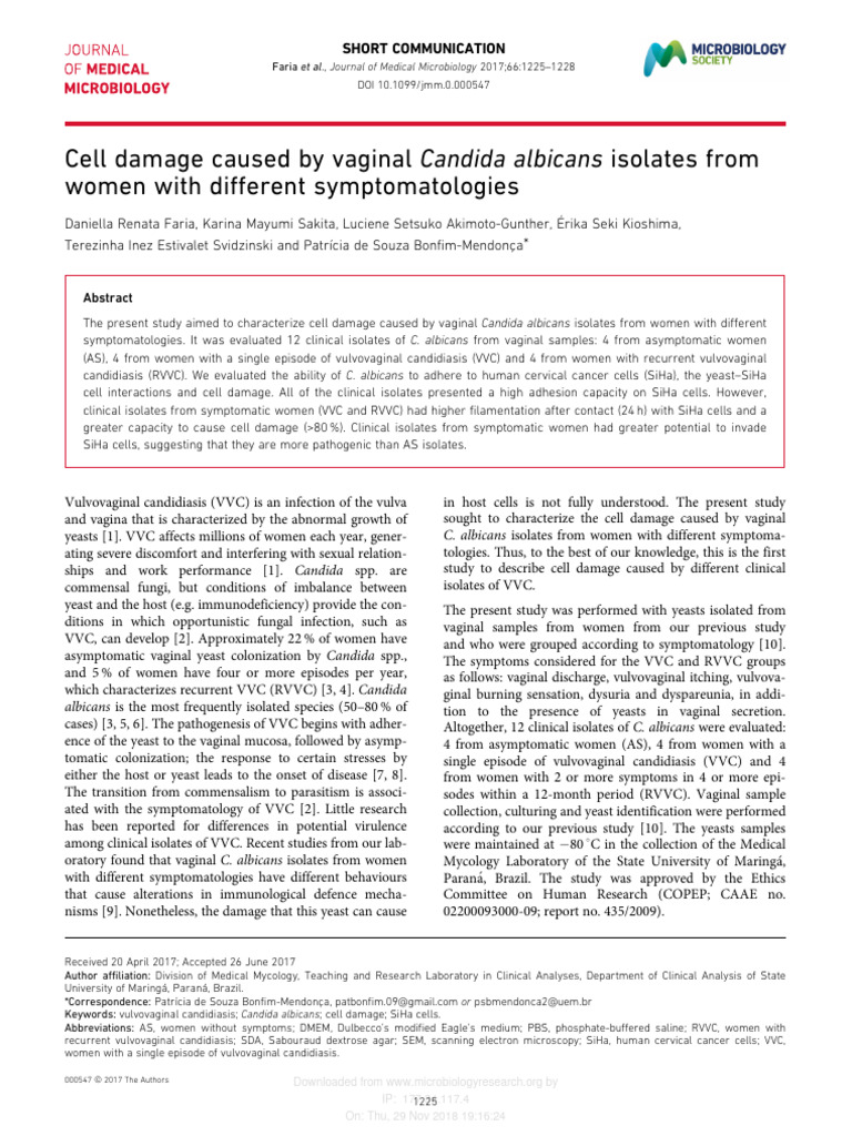 1 - Cell Damage Caused by Vaginal Candida Albicans Isolates From Women ...
