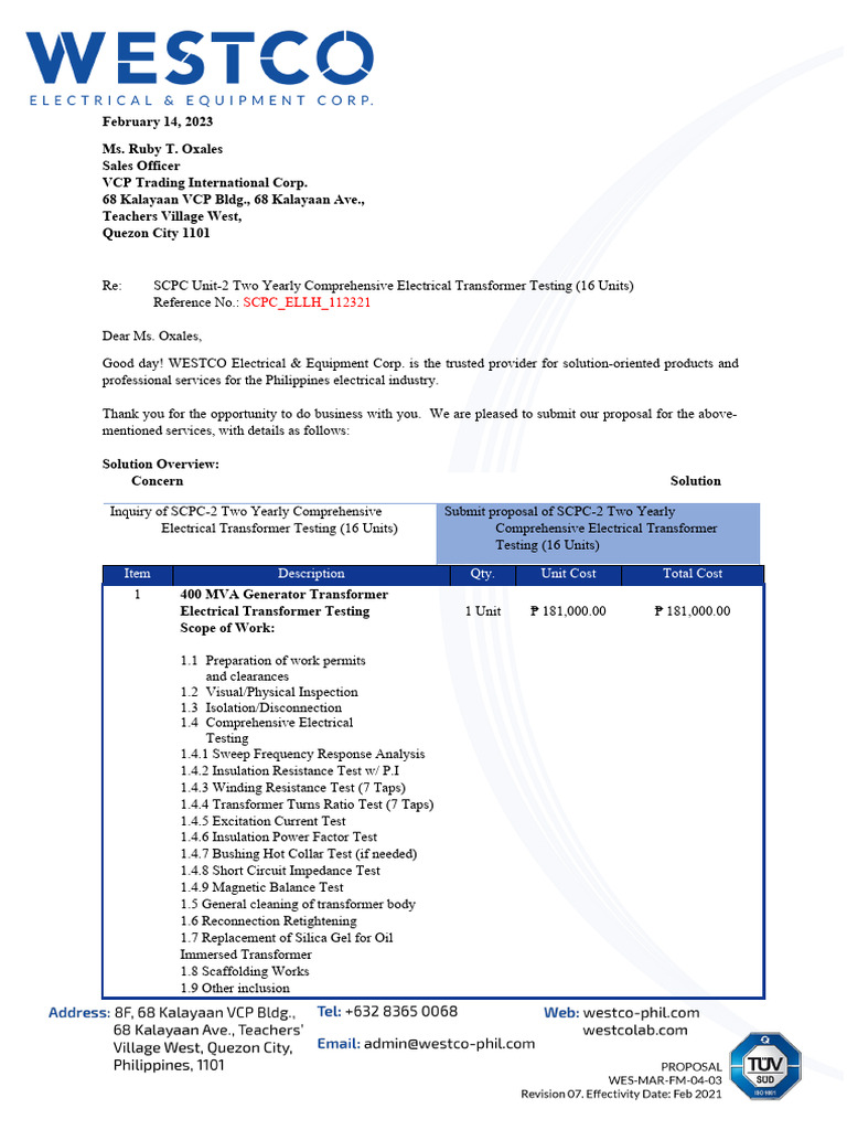 Scpc 2 Two Yearly Comprehensive Transformer Testing Proposal Rev 0 Pdf Transformer