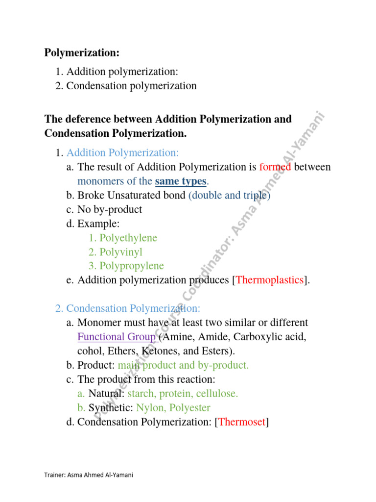 Addition vs. Condensation Polymerization | PDF