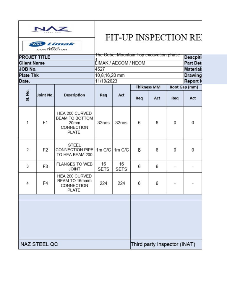 Fitup Inspection Report | PDF | Mechanical Engineering | Industrial ...