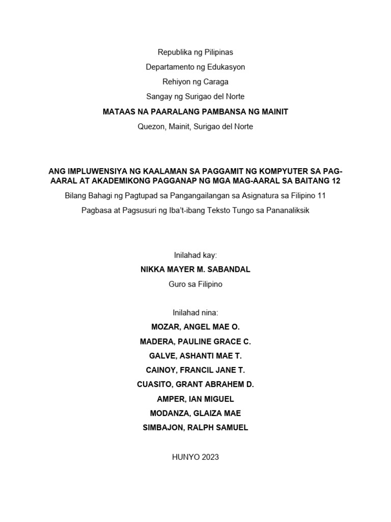 Persepsyon NG Mga Mag-Aaral NG Mainit National High School Sa Paggamit NG Wikang Filipino Sa ...