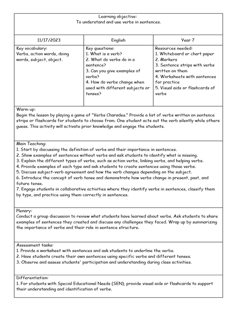 Year 7 Verbs Lesson Plan | PDF | Verb | Lesson Plan
