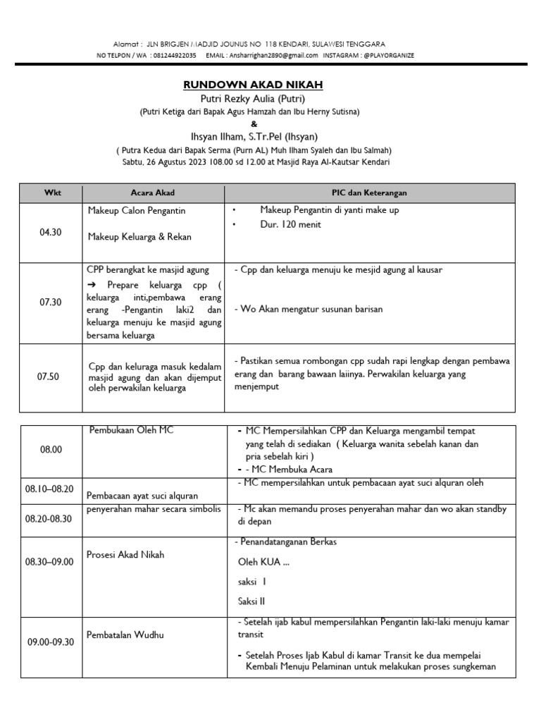 RUNDOWN WEDDING - Putri Ihsyan 26 Agustus 2023 | PDF