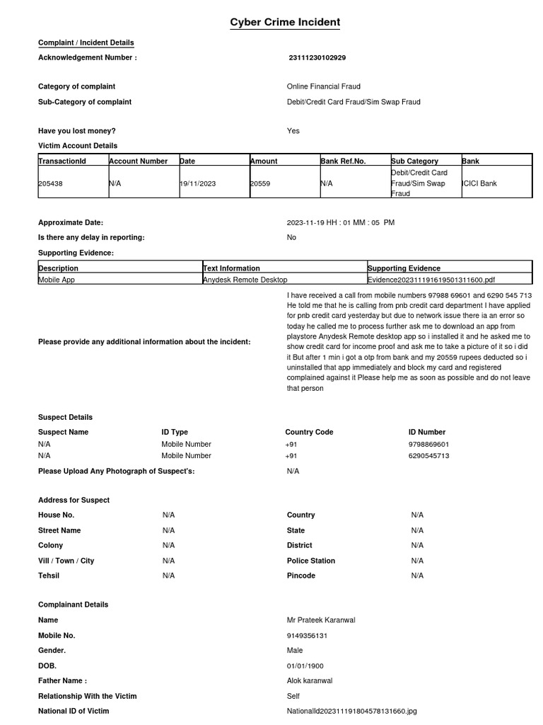 Complaint Detail 23111230102929 | PDF | Credit Card | Debit Card