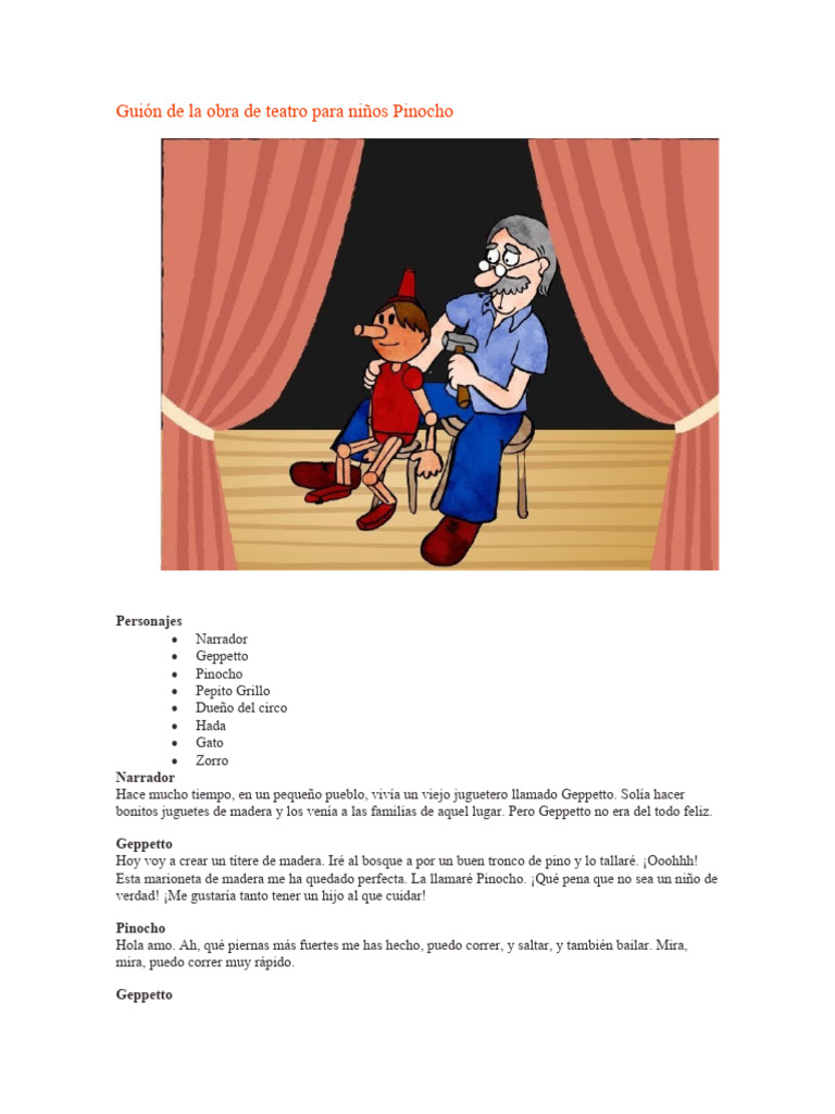 Guión de La Obra de Teatro para Niños Pinocho | PDF