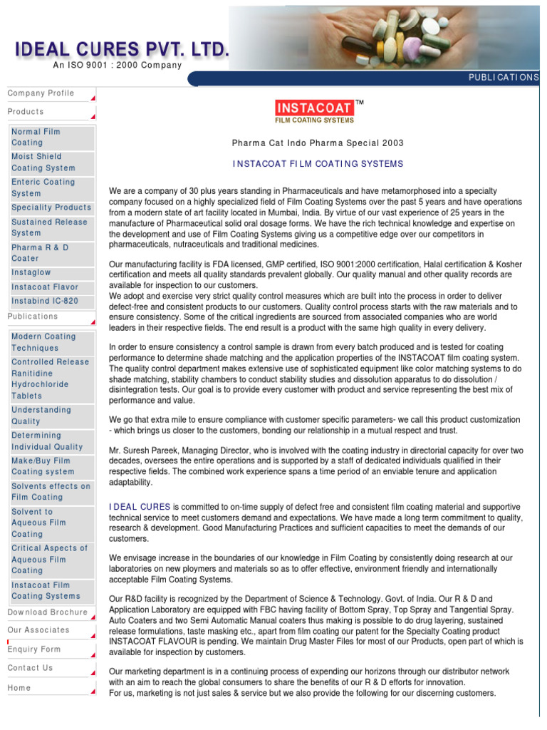 Instacoat Film Coating Systems | PDF | Tablet (Pharmacy) | Pharmacology