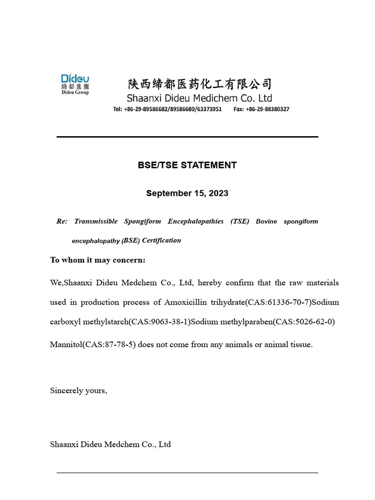 BSE/TSE Free Certification Statement | PDF | Wellness | Science ...