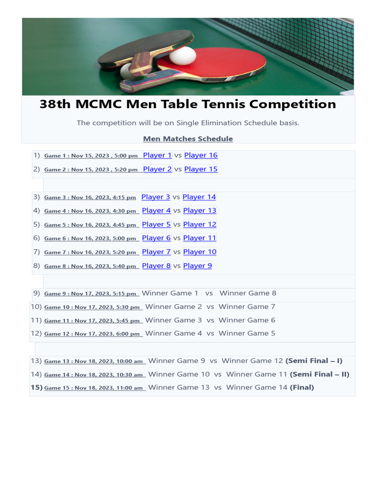 38th MCMC Men Table Tennis Competition | PDF