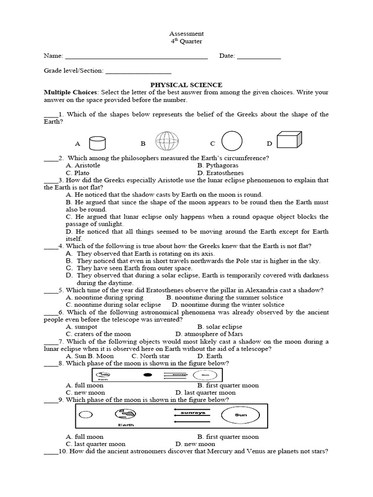 Physical Science & Reading Assessment | PDF | Moon | Force