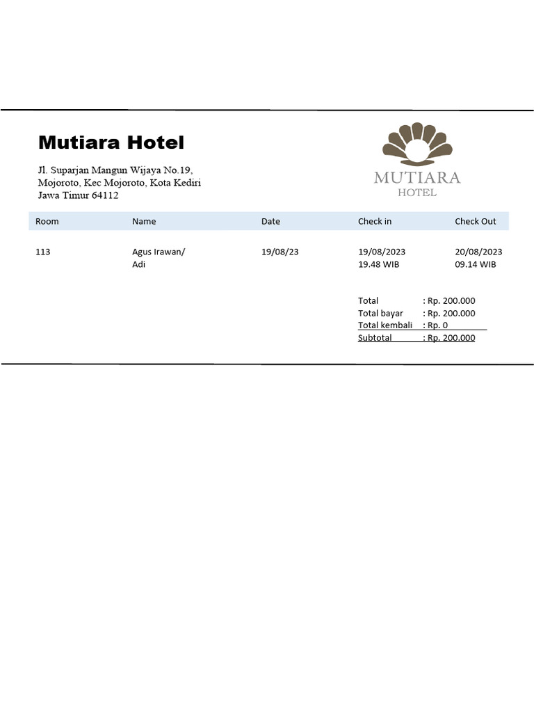 Contoh Nota Hotel Jawa Timur | PDF