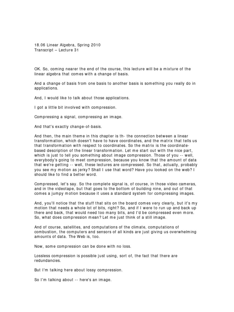 Linear Algebra: Basis Change & Compression | PDF | Basis (Linear ...