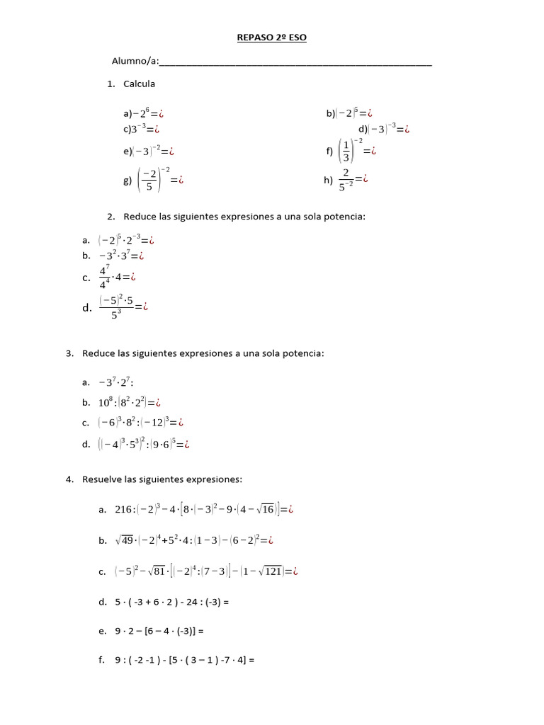 Ejercicios de Repaso Matemáticas 2º ESO | PDF | Matemática Elemental ...