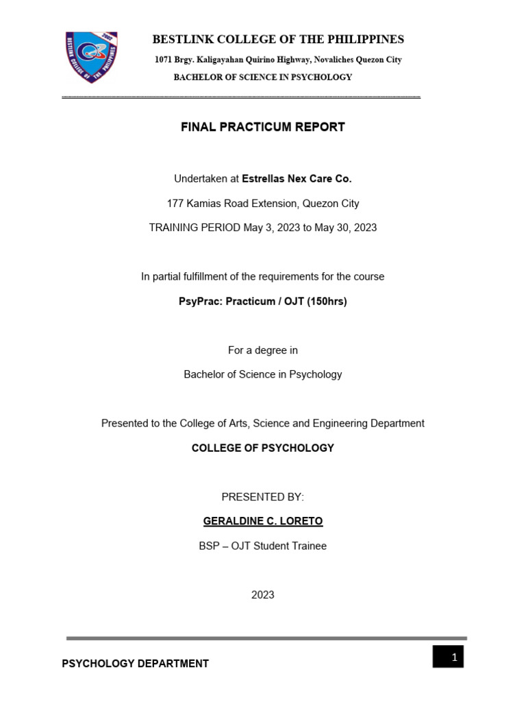 Pinaka Final Na Practicum Report | PDF | Mental Health | Behavioural Sciences