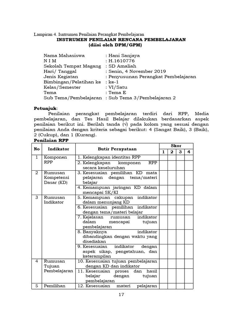Instrumen - Penilaian Rencana Pembelajaran | PDF | Karier & Perkembangan