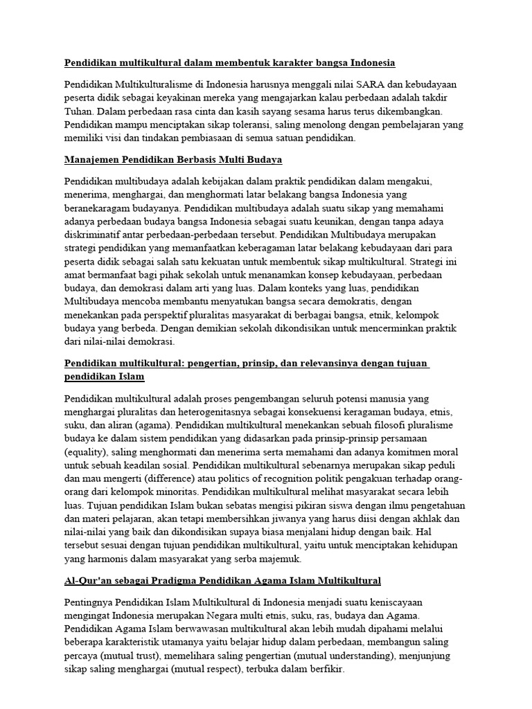 Pendidikan Multikultural Dalam Membentuk Karakter Bangsa Indonesia | PDF