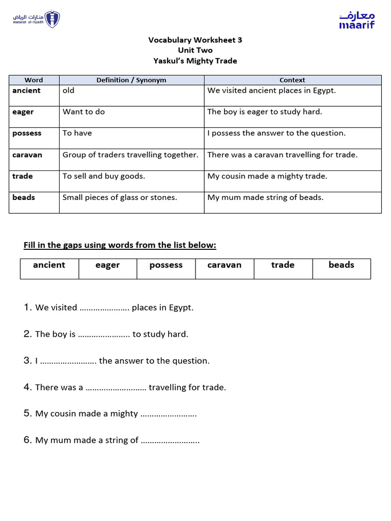 Yaskul's Mighty Trade Vocabulary Worksheet | PDF