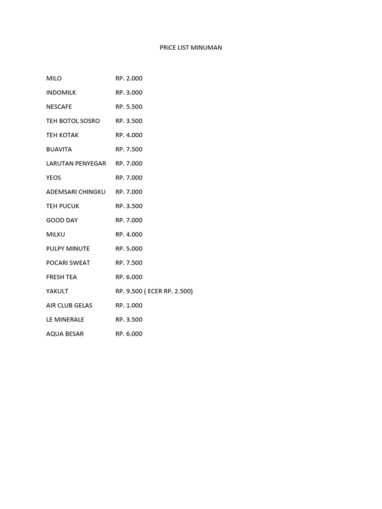 Price List Harga Minuman | PDF