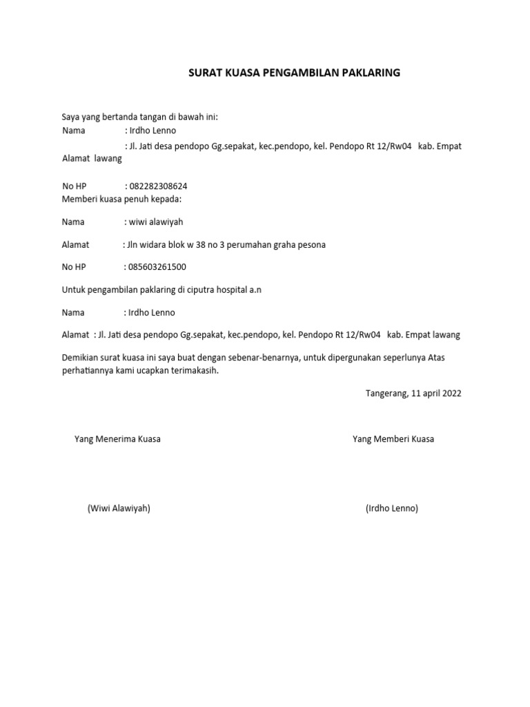 1648769007993_surat Kuasa Pengambilan Paklaring Irdho | PDF