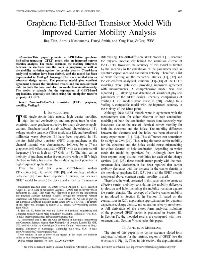 Graphene Field Effect Transistor Model With Improved Carrier Mobility Analysis Pdf Graphene