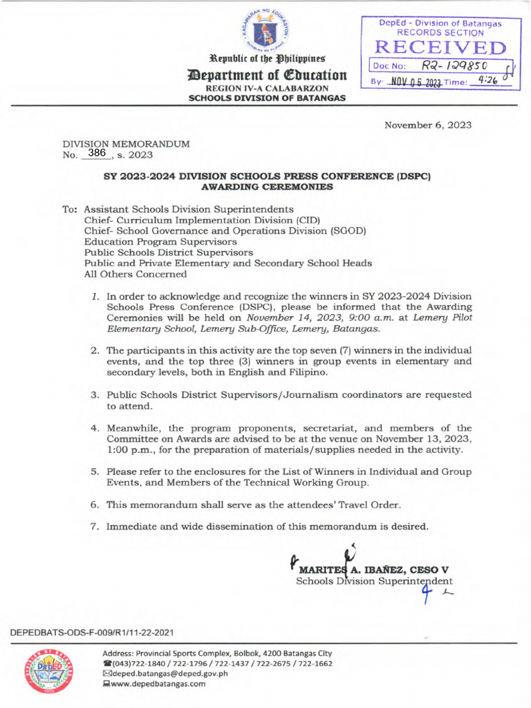 DM 386 S. 2023 DSPC Awarding Ceremonies | PDF | Social Institutions ...