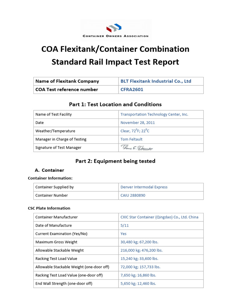 COA Rail Impact Test Report for Flexitank | PDF | Manufactured Goods