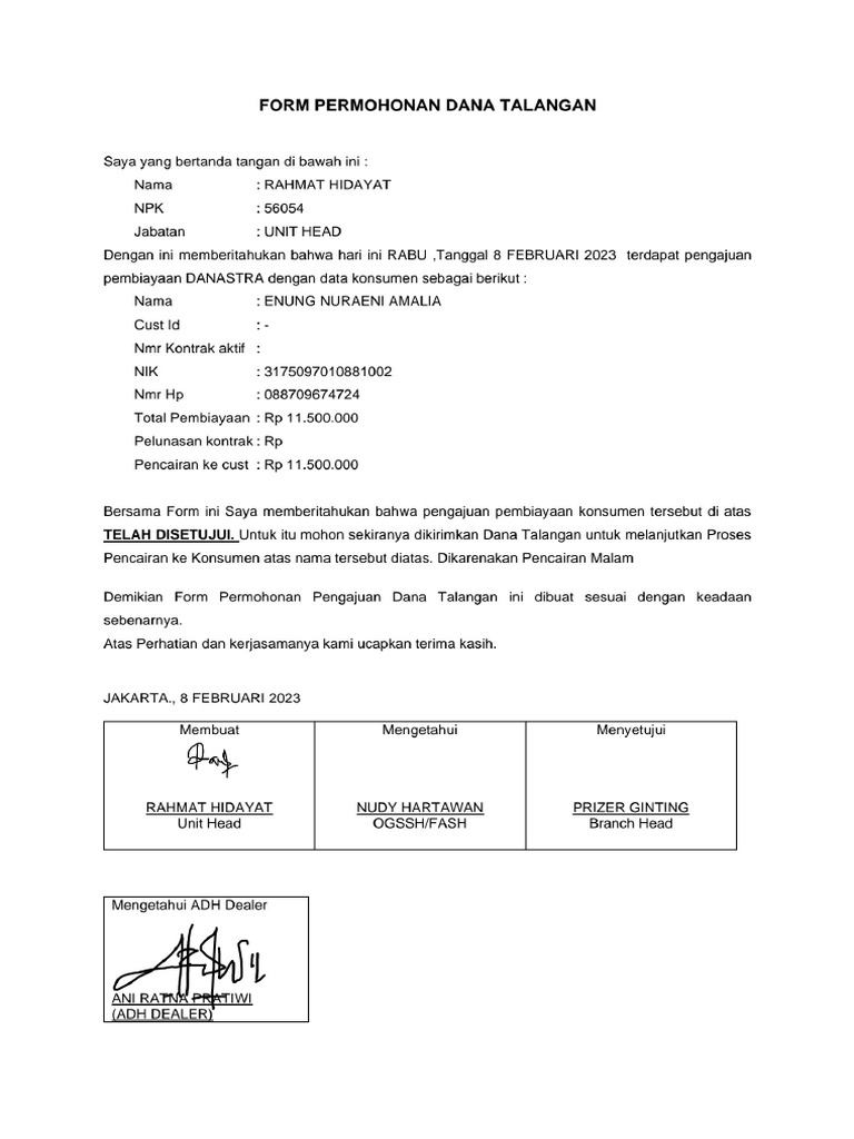 Draft Memo Permohonan Dana Talangan Deka Enung | PDF