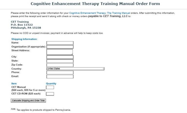 Cognitive Enhancement Therapy Training Manual Order Form | PDF