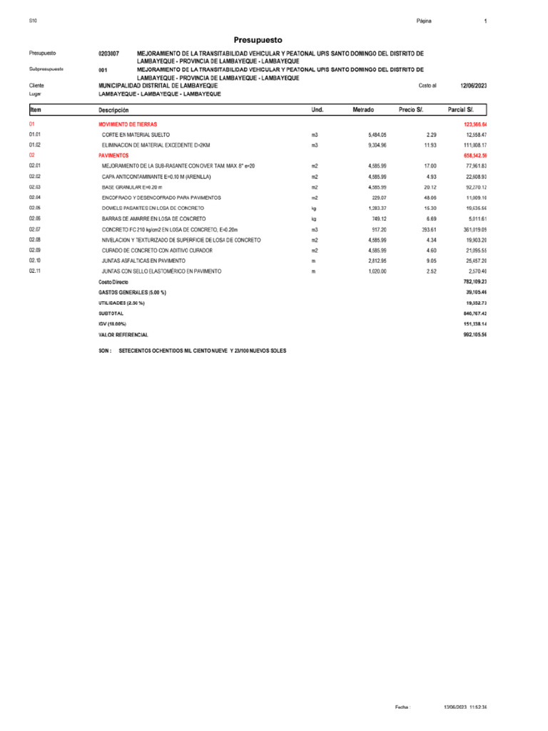 Presupuesto Adicional 01 | PDF