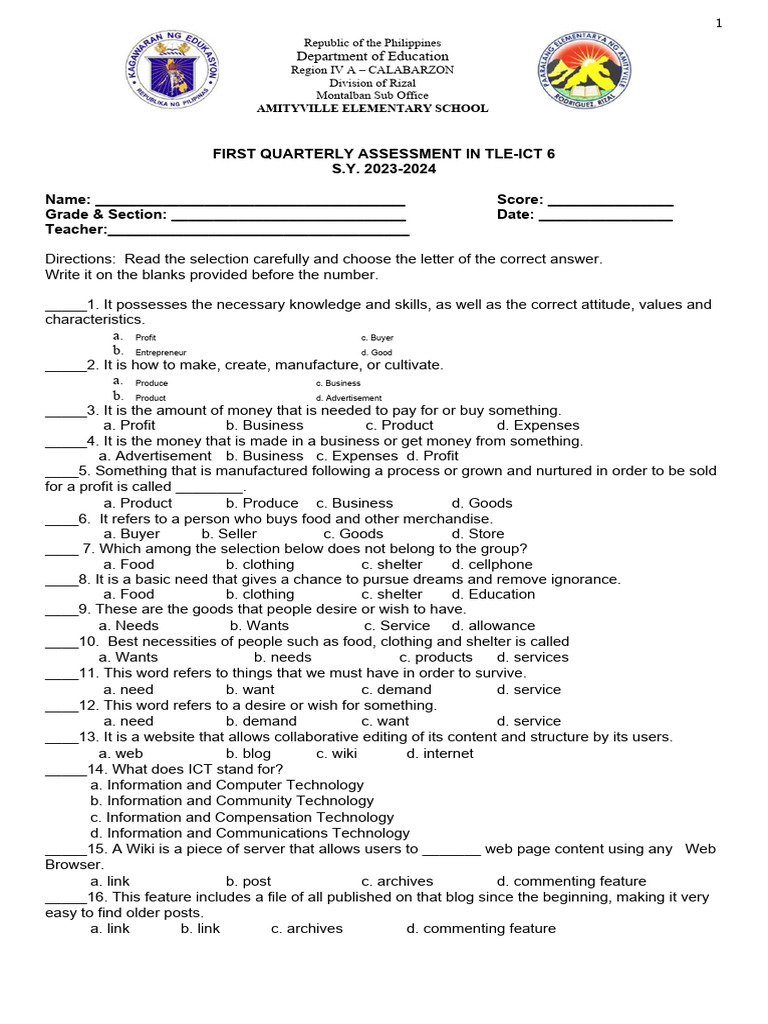 TLE-ICT 6 First Quarterly Assessment | PDF | Wiki | Internet