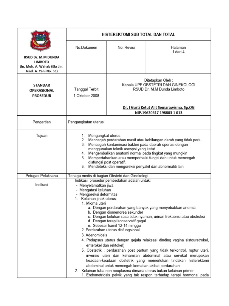 Sop Histerektomi Sub Total Dan Total Rs Dunda | PDF