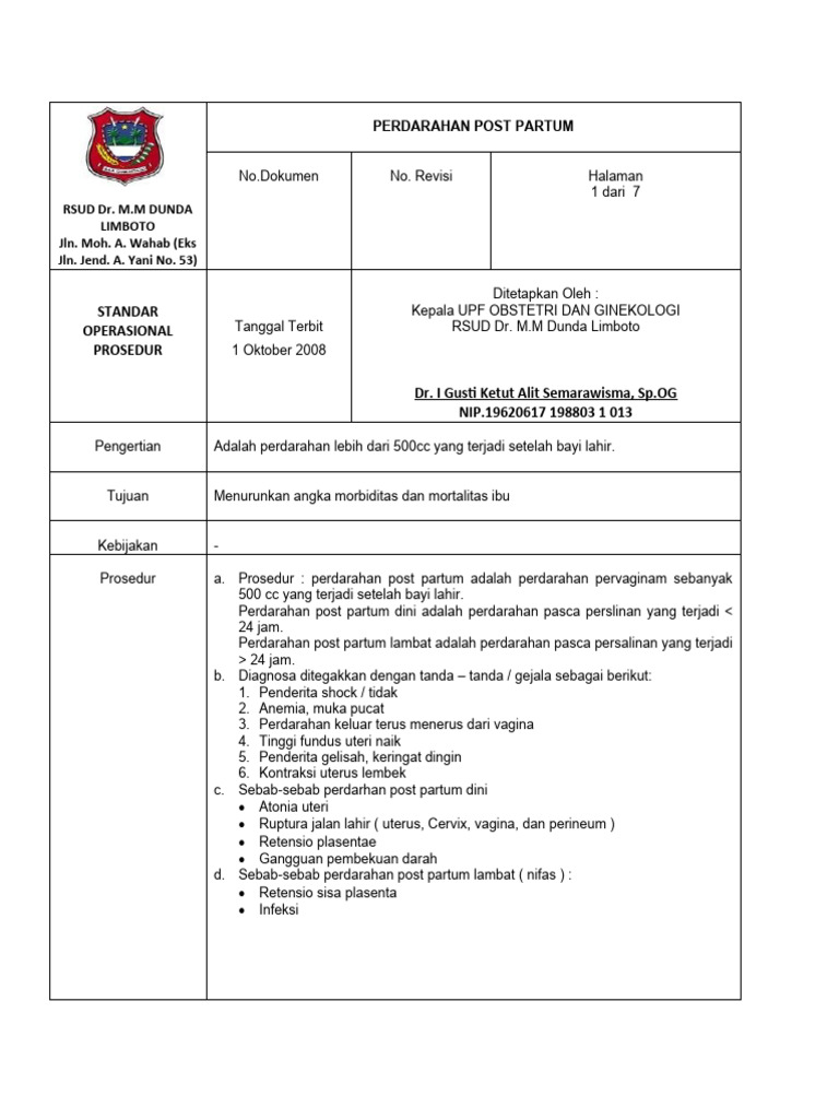 Sop Perdarahan Post Partum Rs Dunda | PDF