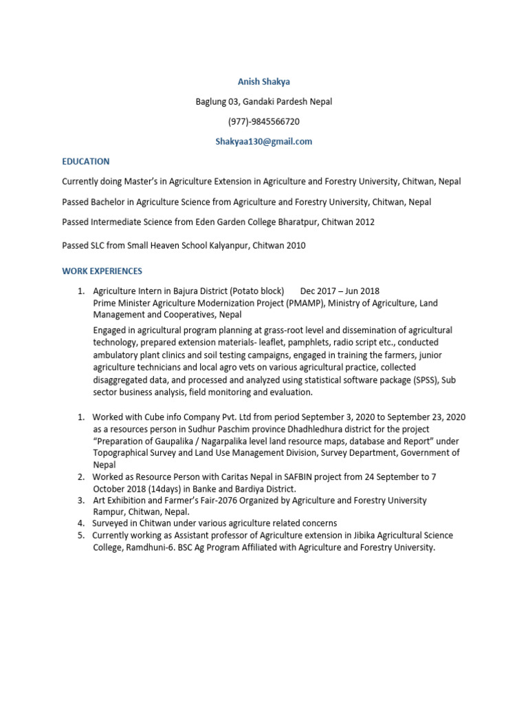 CV Anish | Download Free PDF | Agriculture | Forestry