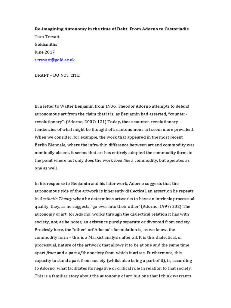 Castoriadis - AdornoRe-imagining - Autonomy - in - The - Time - of - Deb | PDF | Autonomy ...