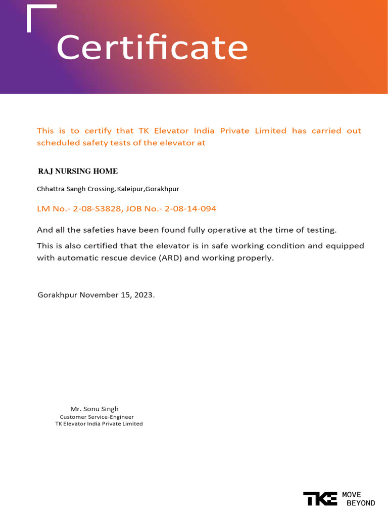 Safety Certificate - Elevator | PDF