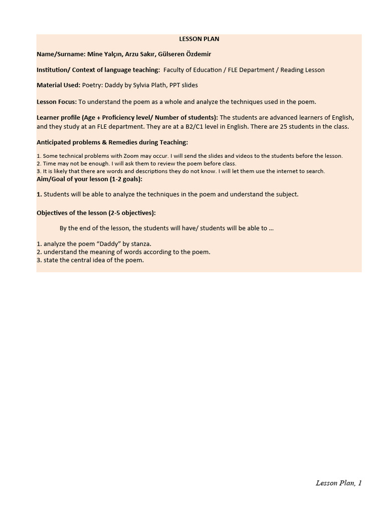 Lesson Plan For Poem (Daddy) | Download Free PDF | Poetry | Lesson Plan