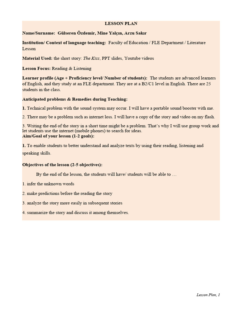 Lesson Plan for Short Story (The Kiss) | PDF | Lesson Plan | Language ...